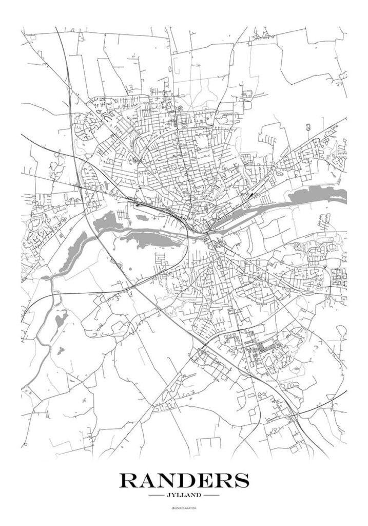 Randers byplakat med bykort - hvid baggrund | Unik Plakat