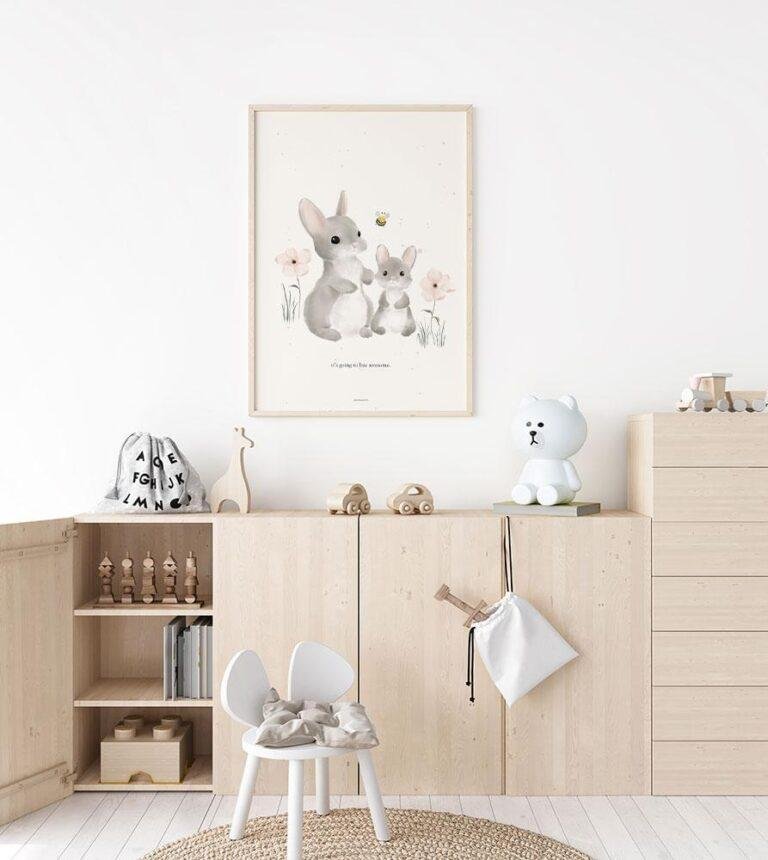 Børneplakat med akvareltegning af kaniner | Unik Plakat